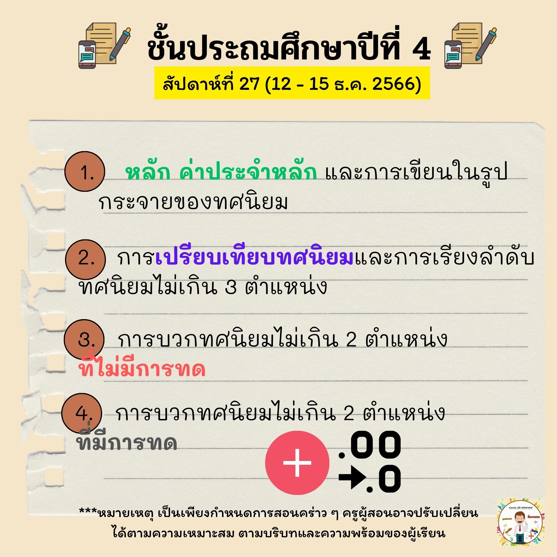 📋 กำหนดการสอน สัปดาห์ที่ 27 (12 ธ.ค. – 15 ธ.ค. 2566) | Sanook_Kid คณิตศาสตร์