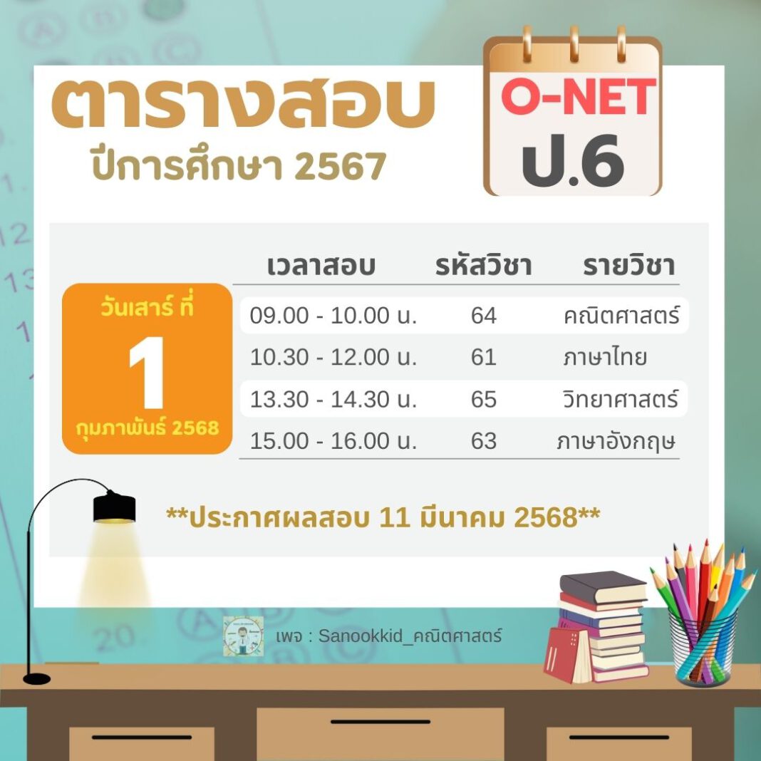 🗓️ตารางสอบ RT NT O-NET ปีการศึกษา 2567 | Sanook_Kid คณิตศาสตร์