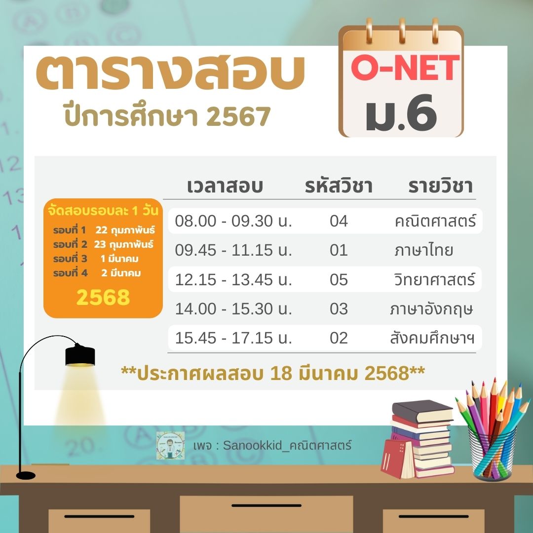 🗓️ตารางสอบ RT NT O-NET ปีการศึกษา 2567 | Sanook_Kid คณิตศาสตร์